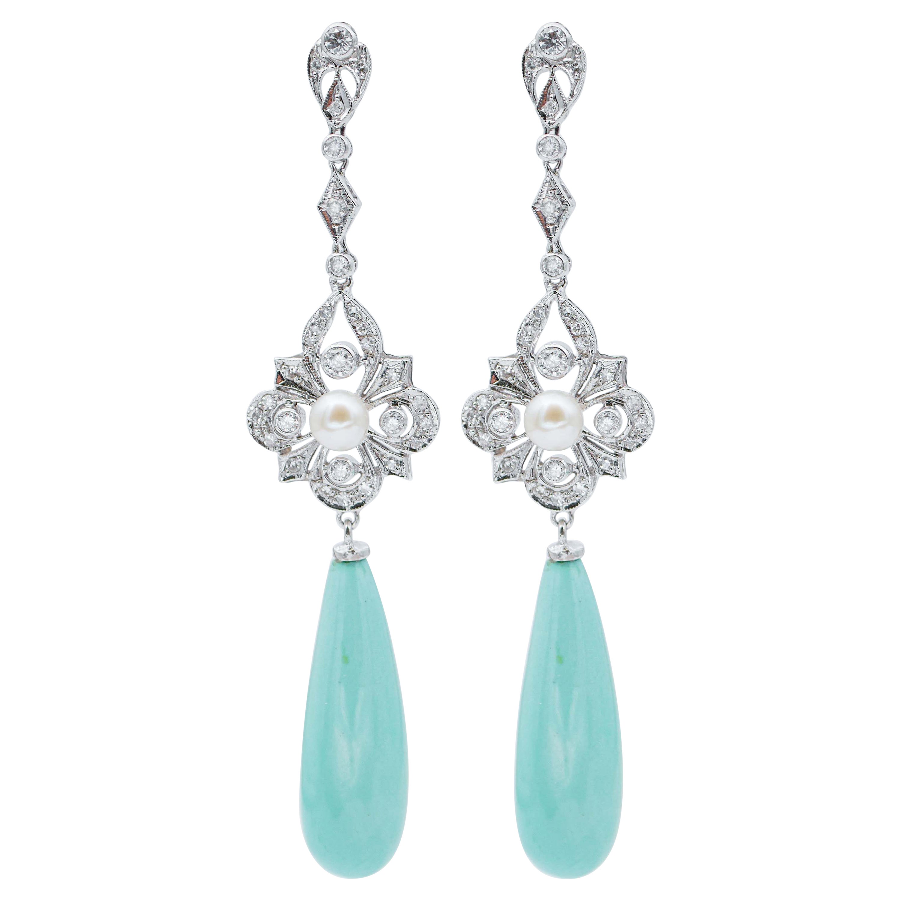 Oval Turquoise Rock Crystal and Diamond Earring Dangles in 14 Karat ...