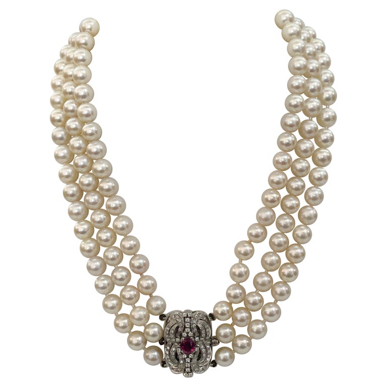Triple Stranded Pearl Diamond Necklace For Sale at 1stDibs