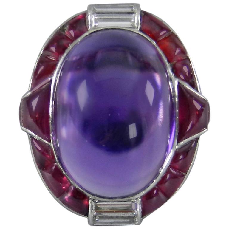 1930s Art Deco Ruby Cabochon Amethyst Diamond Platinum Ring at 1stDibs