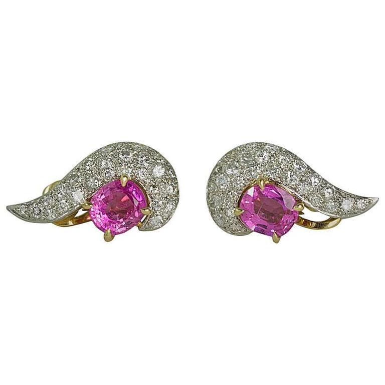 Keith Davis Pink Sapphire Diamond Platinum Earrings at 1stDibs