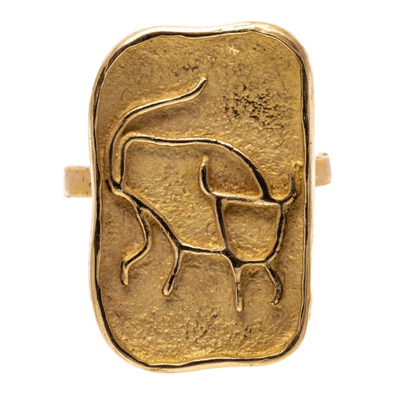 14k Yellow Gold Free Form Rectangular Line Drawn Taurus Ring For Sale ...