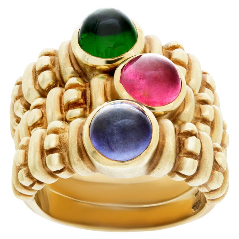 3 Ring Stack in 18k Yellow Gold with Cabochon Tourmalines For Sale at ...