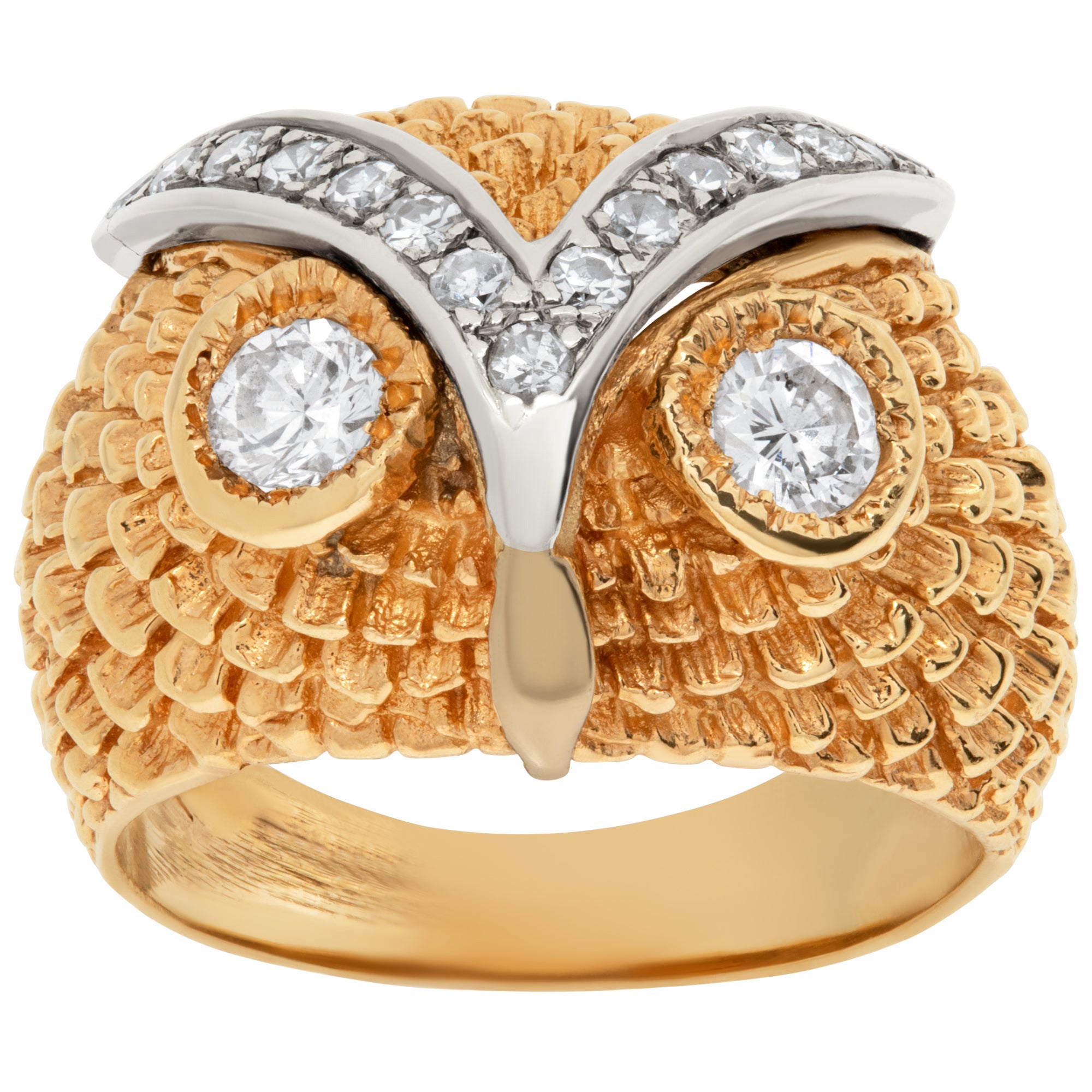 Owl Face Ring in 14k Yellow Gold with Diamonds For Sale at 1stDibs