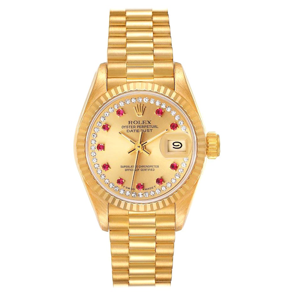 Rolex Ladies President Diamond Ruby Gold Watch For Sale at 1stDibs
