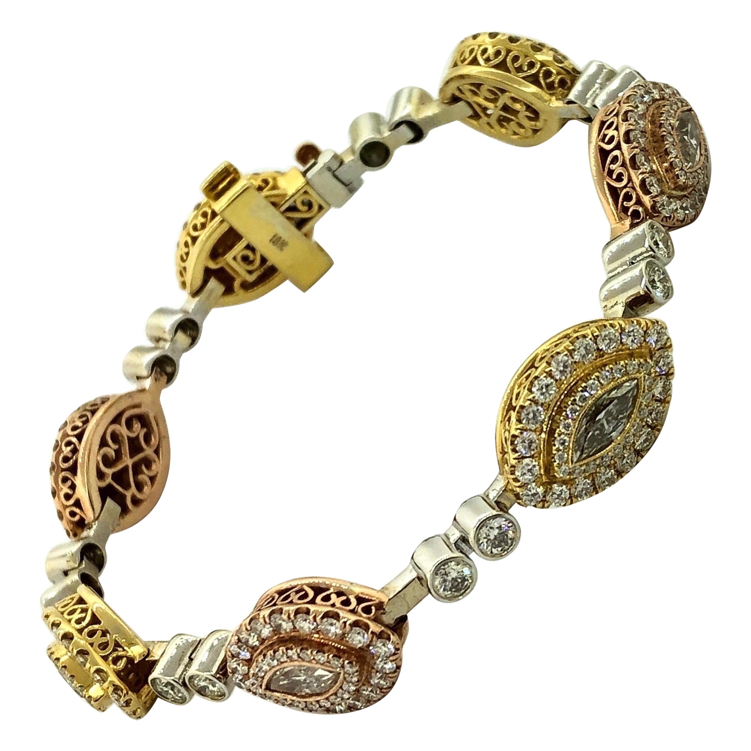 14k Tri-Color Gold Bracelet with Marquise Diamonds 3.08tcw and Rd 5 ...