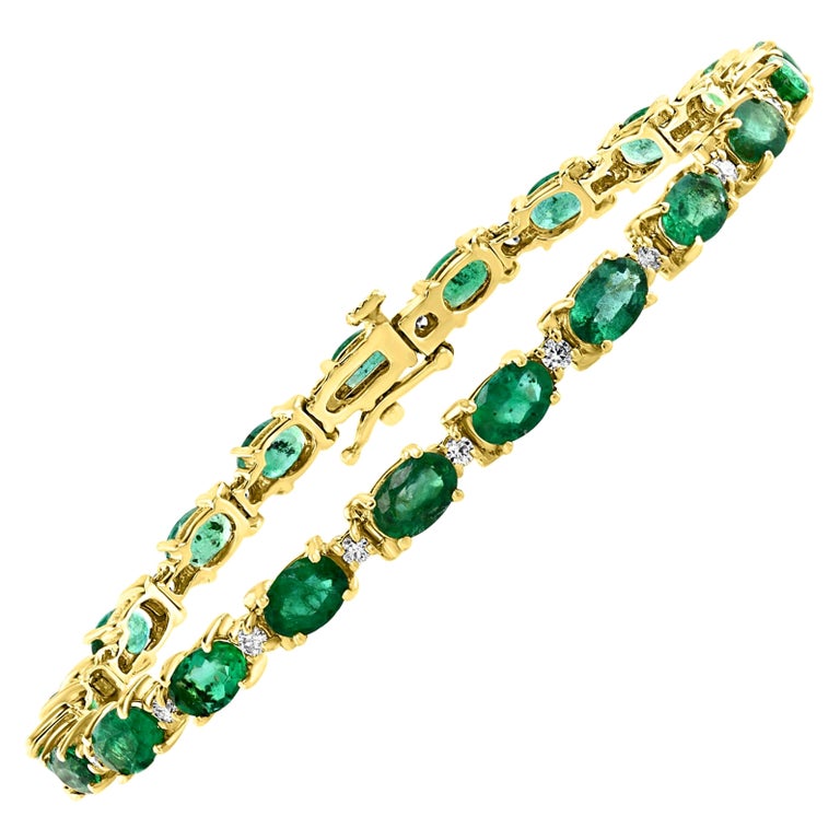 8 Carat Emerald And Diamond Tennis Bracelet 14 Karat Yellow Gold For