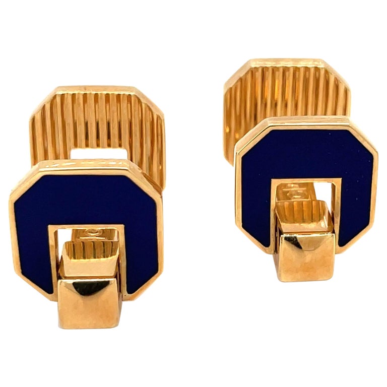 George Gero 18KT Yellow Gold Cuff Links with Blue Enamel For Sale at ...