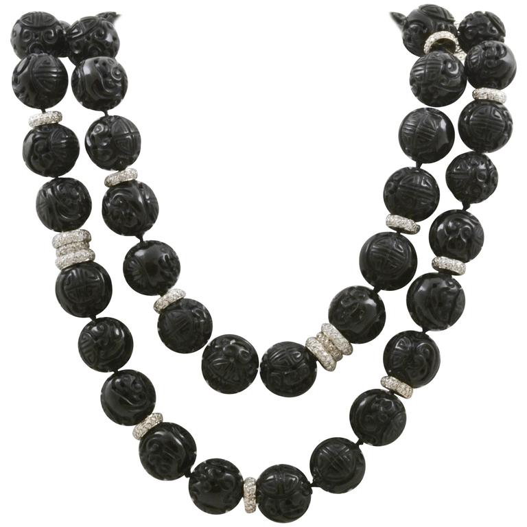 47-Piece Carved Black Jade and Diamond Rondel Necklace at 1stDibs