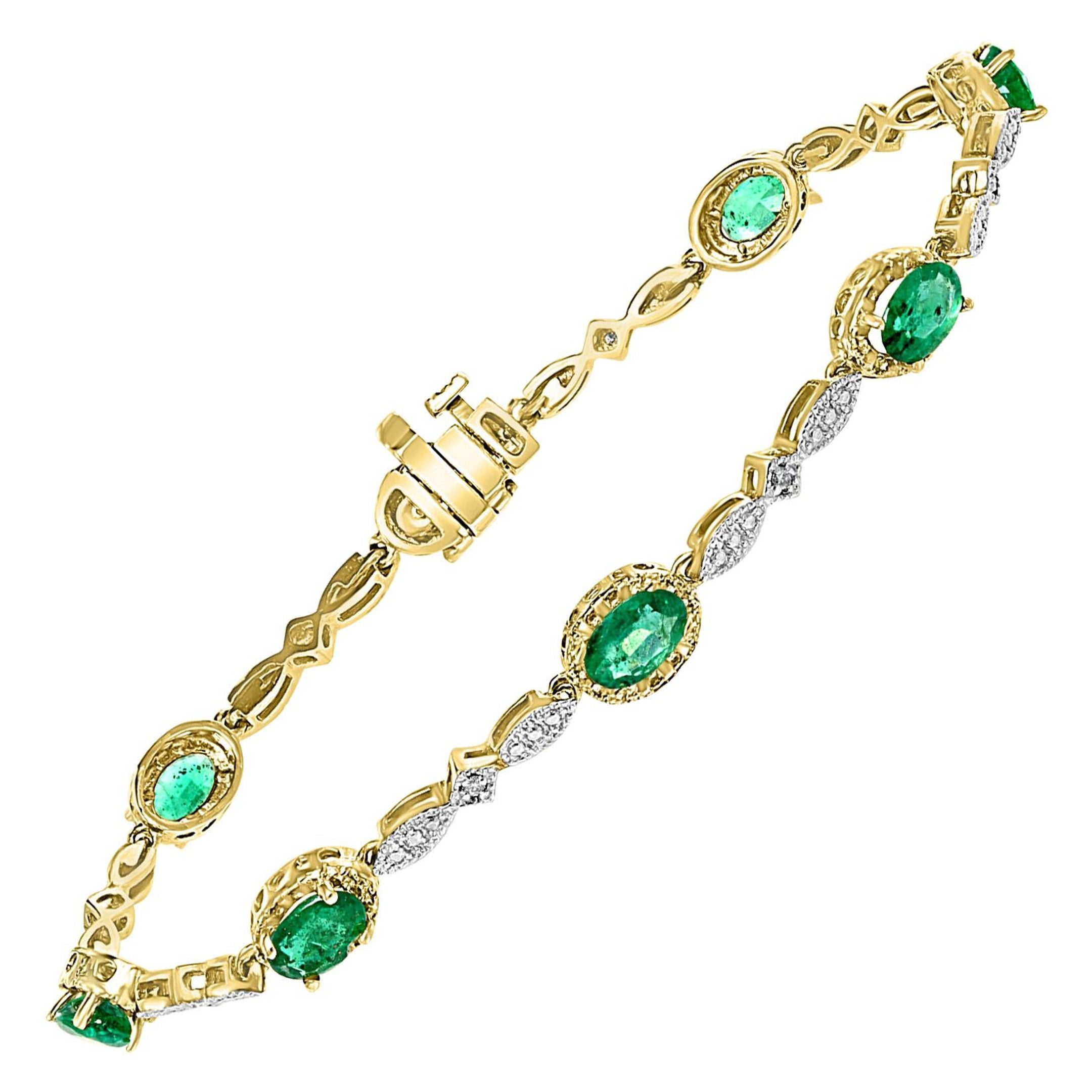 8 Carat Emerald And Diamond Tennis Bracelet 14 Karat Yellow Gold For