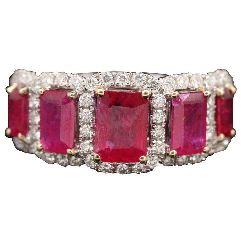 Customizable Art Deco 2.16 Carat Halo Natural Ruby Diamond Half Eternity Bridal Band Ring For ...