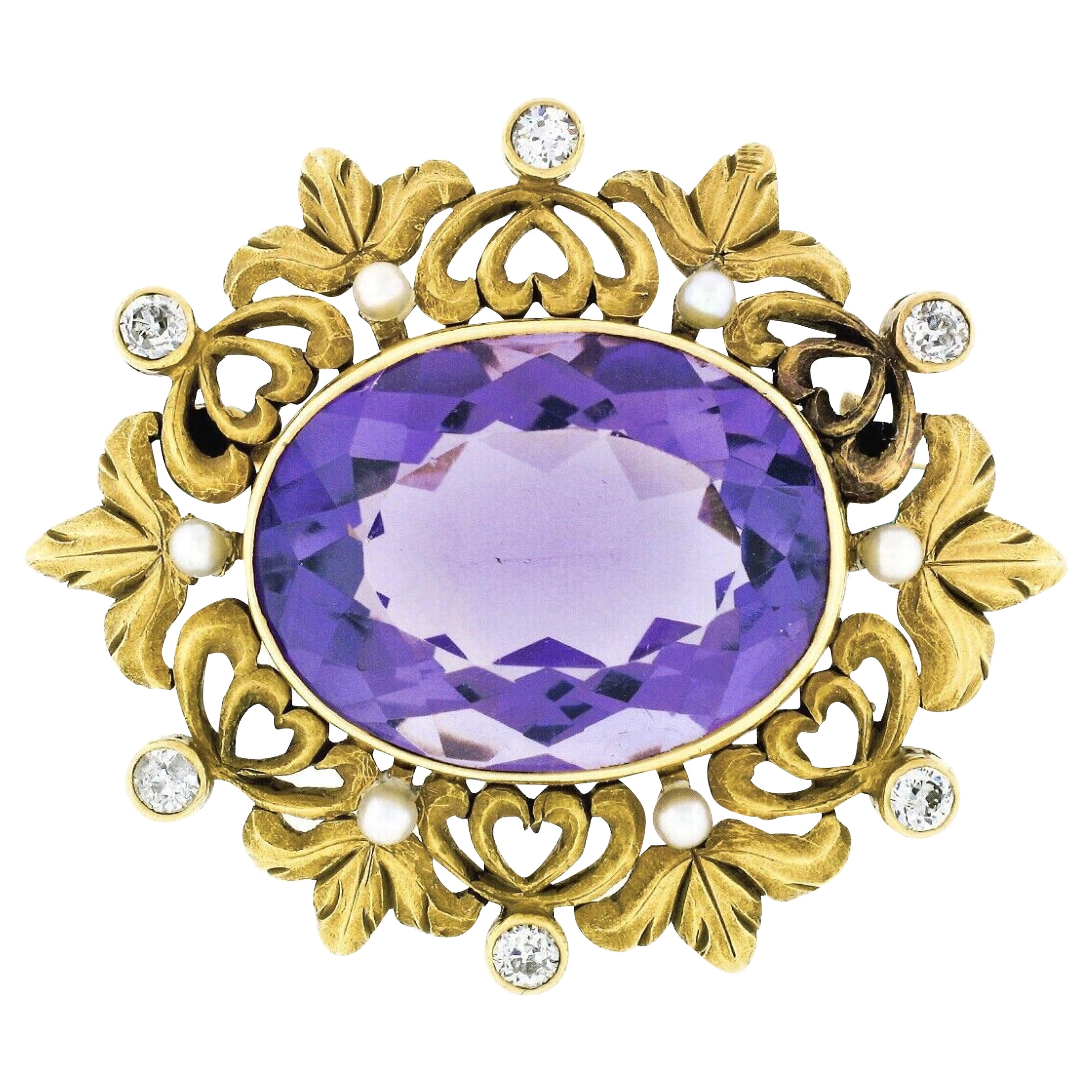 Antique Art Nouveau Carved Amethyst Brooch Pin For Sale at 1stDibs