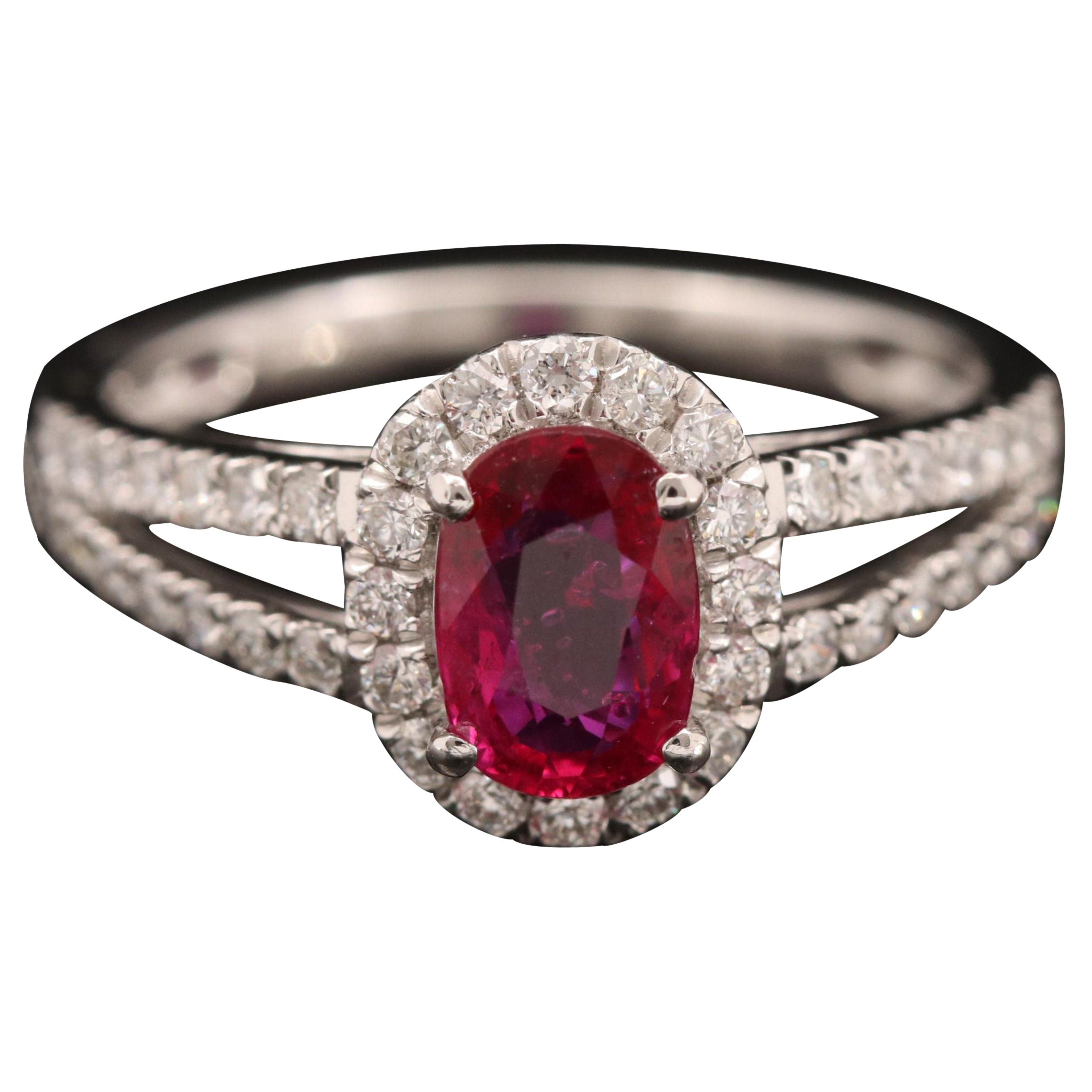 Edwardian Unheated Burmese Ruby Diamond Halo Gold Engagement Ring For ...