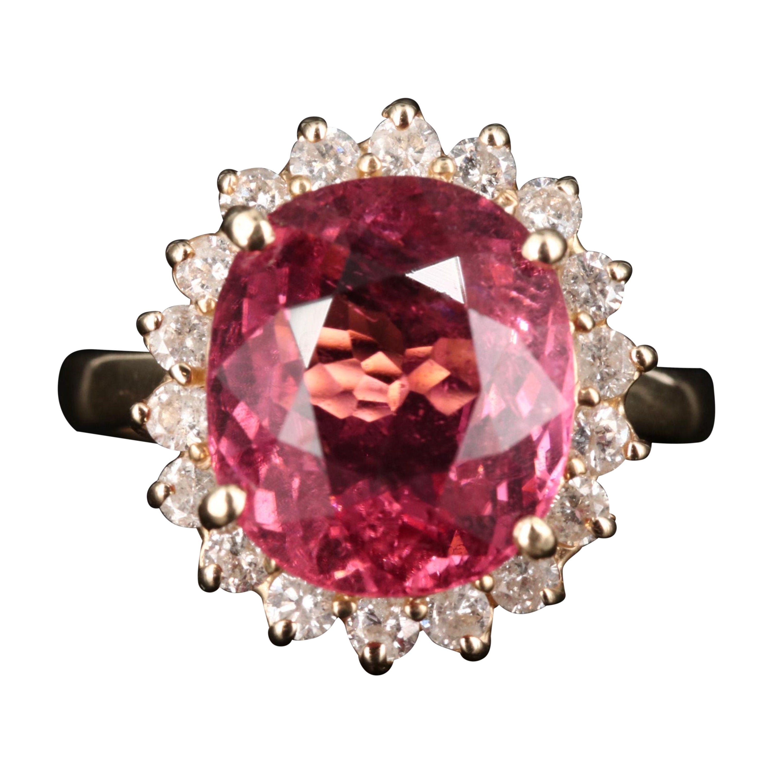 Square Pink Tourmaline Diamond Halo Gold Engagement Ring, Signed JLJ at ...