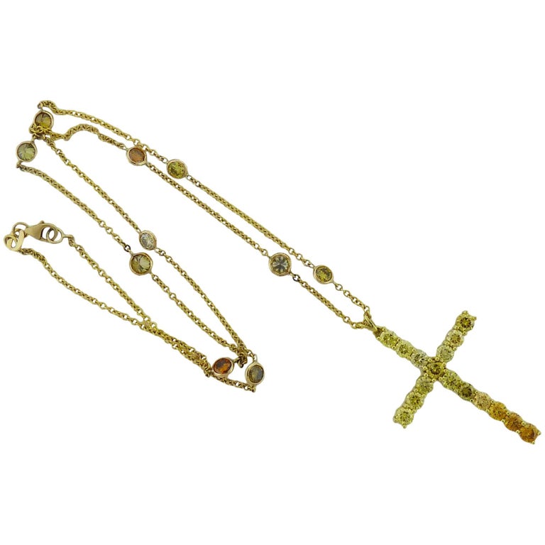 Multicolor Round Diamond 18K Yellow Gold Cross Necklace For Sale (Free ...