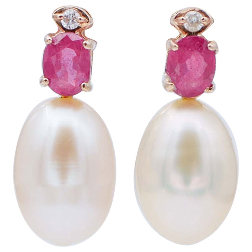 18 Karat Gold Ruby Pearl Diamond Earrings For Sale at 1stDibs
