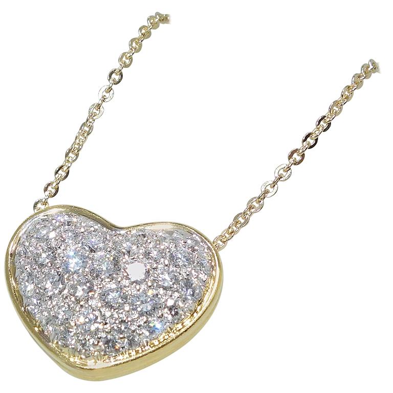 Very Long Diamond Pave Gold Platinum Heart Sautoir Necklace at 1stDibs