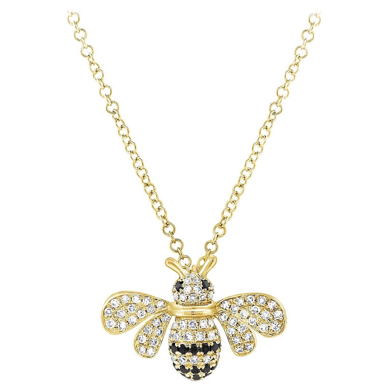 14K Yellow Gold Diamond and Black Diamond Bumble Bee Necklace for Her ...