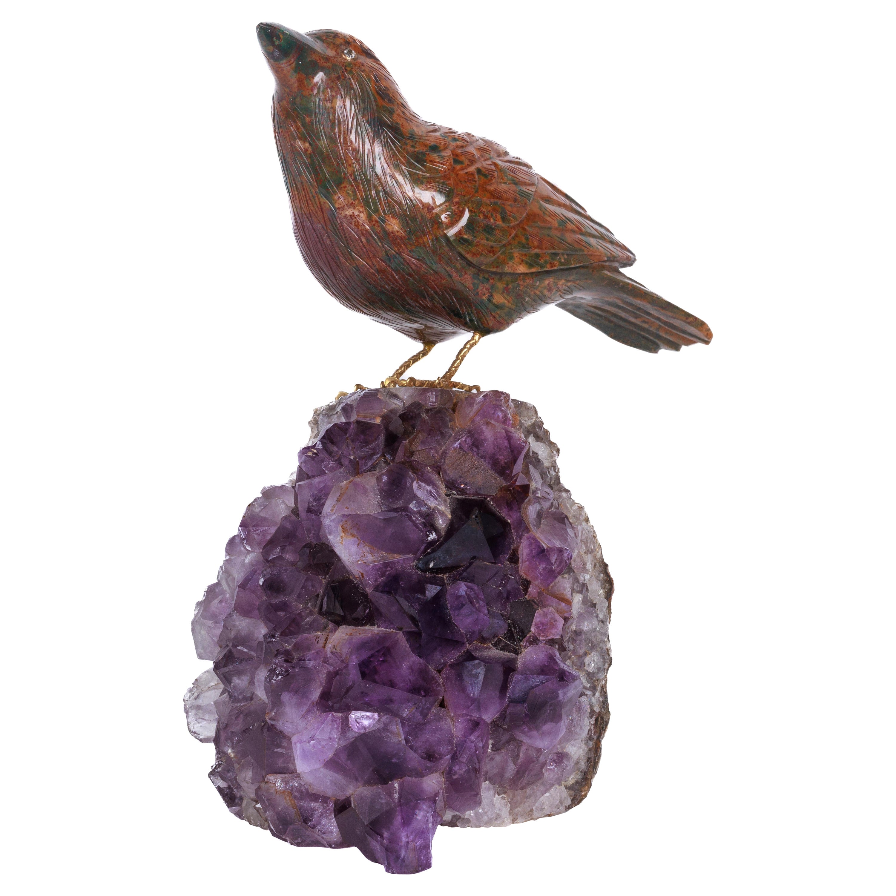 14K Gold, Carved Jasper Bird on an Amethyst Rock Geode at 1stDibs ...