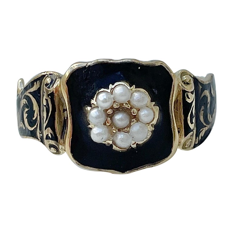 Antique Black Enamel and Pearl Mourning Ring in 18ct Yellow Gold, C ...