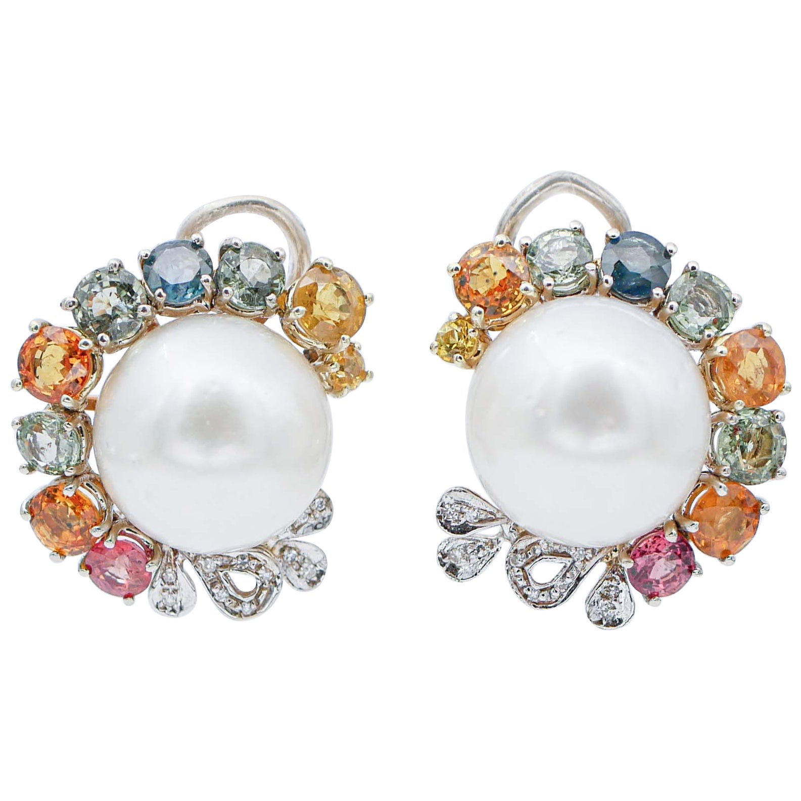 Multi-Color Sapphires, Diamonds, Pearls 14kt White and Rose Gold Flower ...