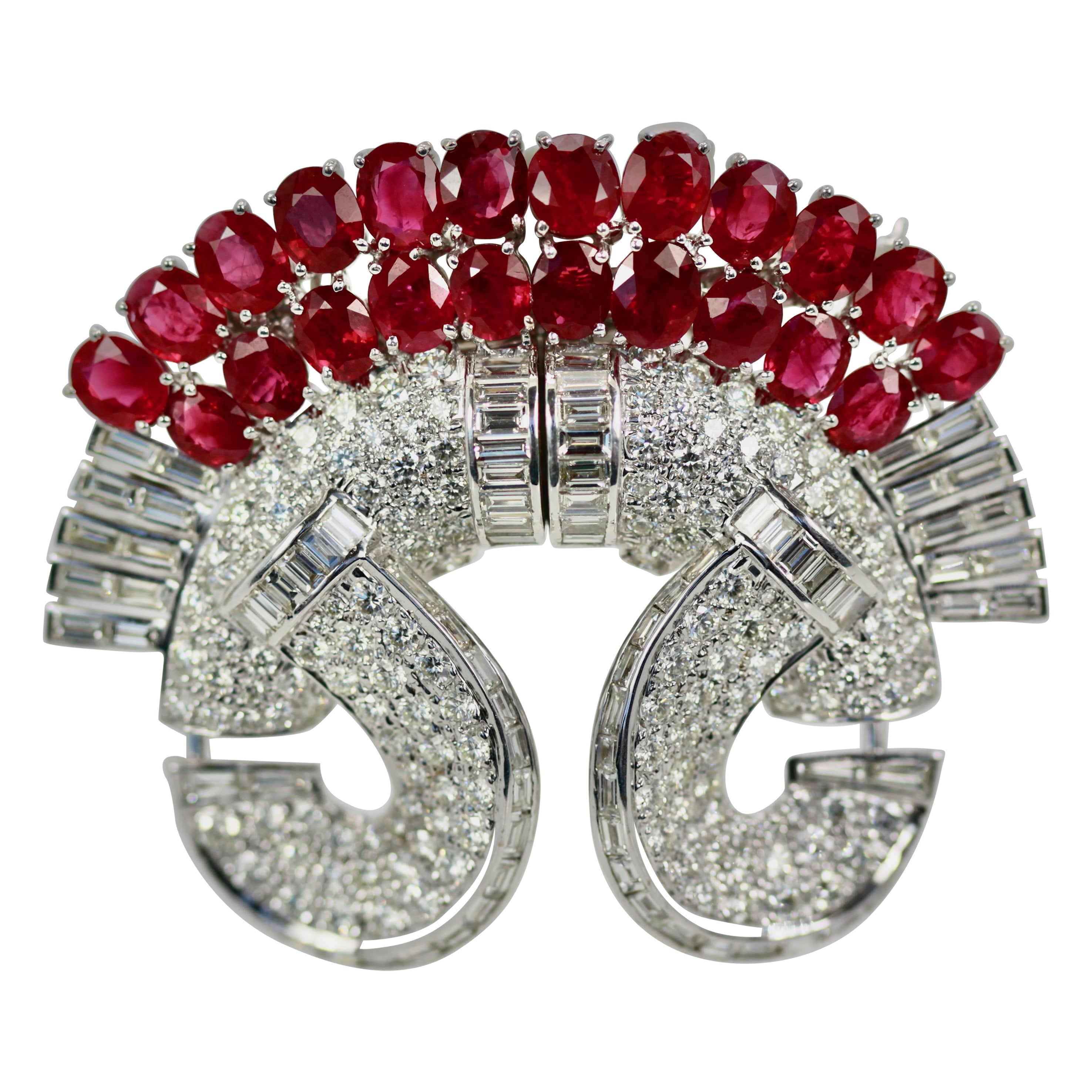 Diamond Ruby Double Clips Brooch For Sale at 1stDibs