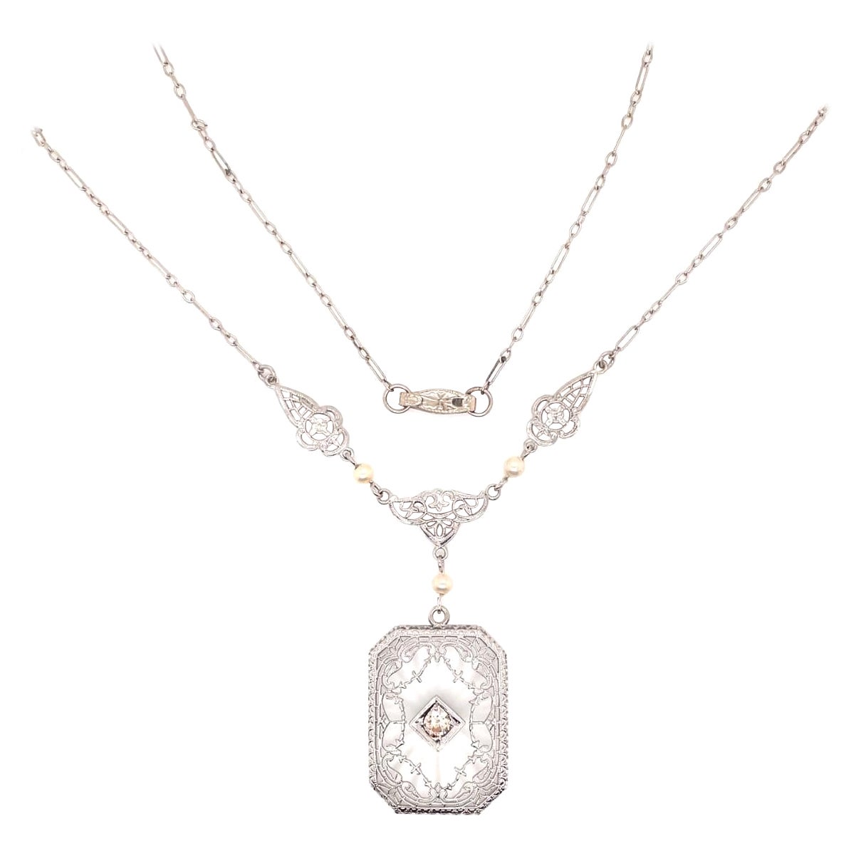 Vintage Art Deco Pendant Necklace Crystal, Diamond and 10k White Gold ...