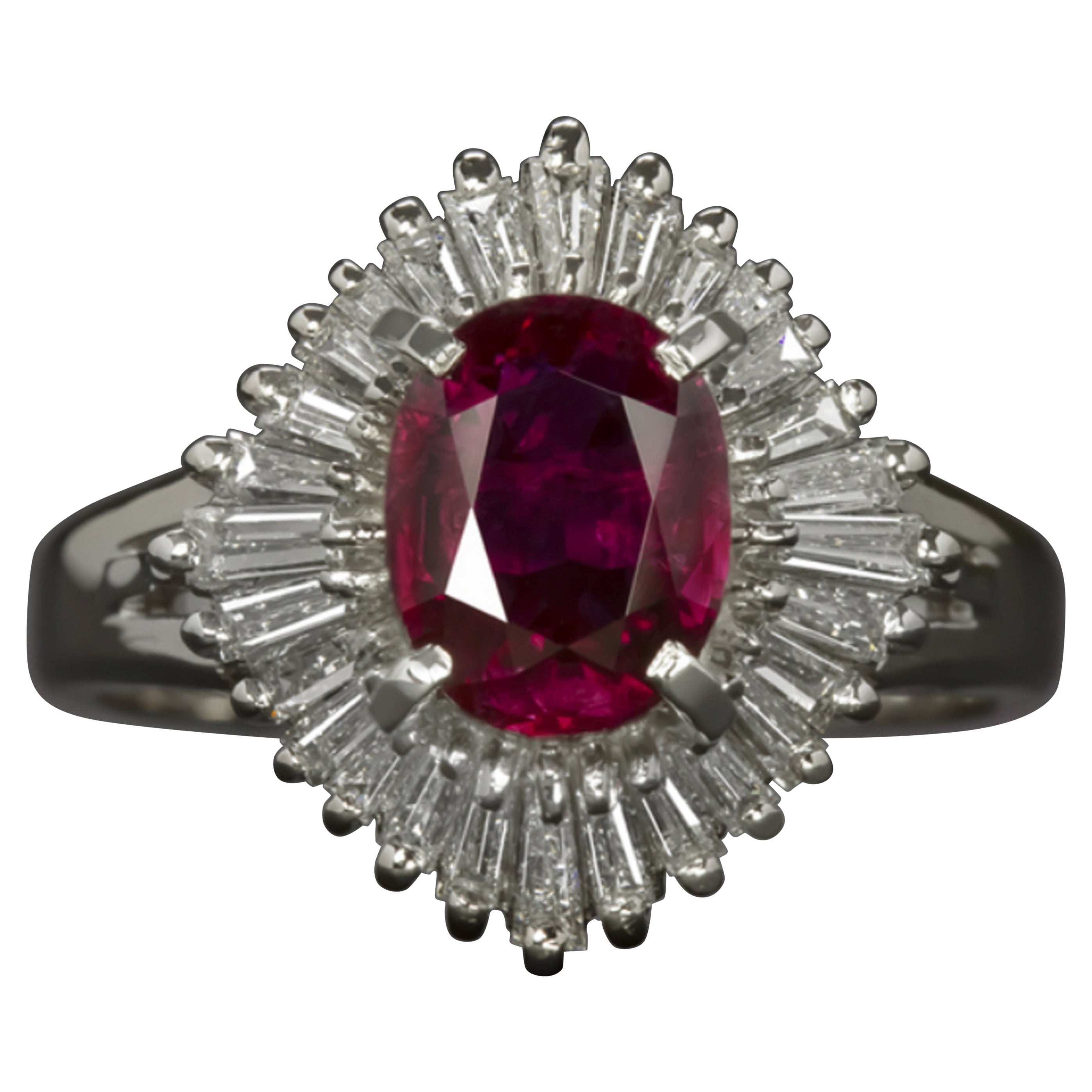 GIA Certified 4.06 Carat Oval Cut Red No Heat Ruby Diamonds Ballerina Ring 14kt For Sale at ...