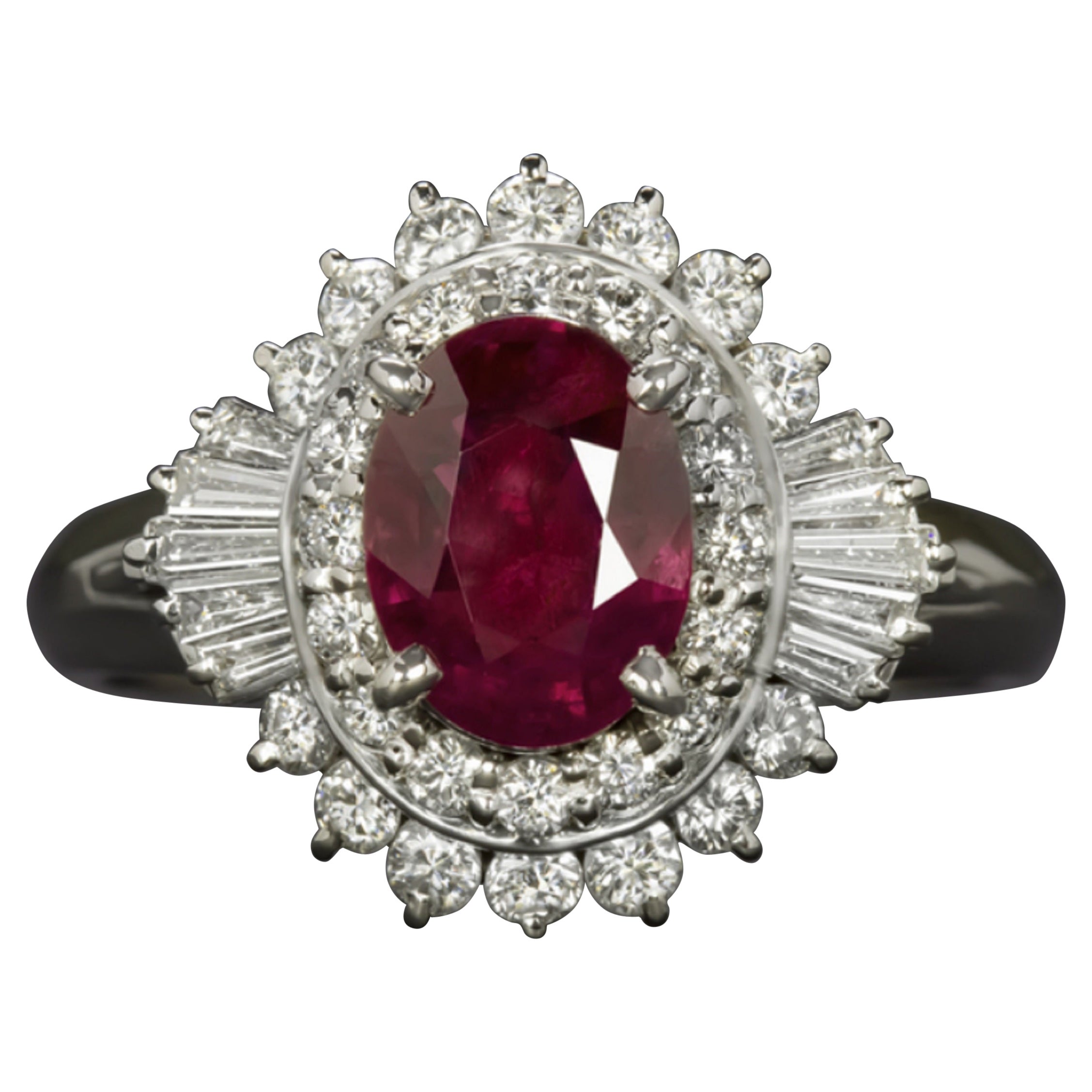 1.45ct Ruby Surrounded by Cascading Layers of Baguette and Round Cut ...