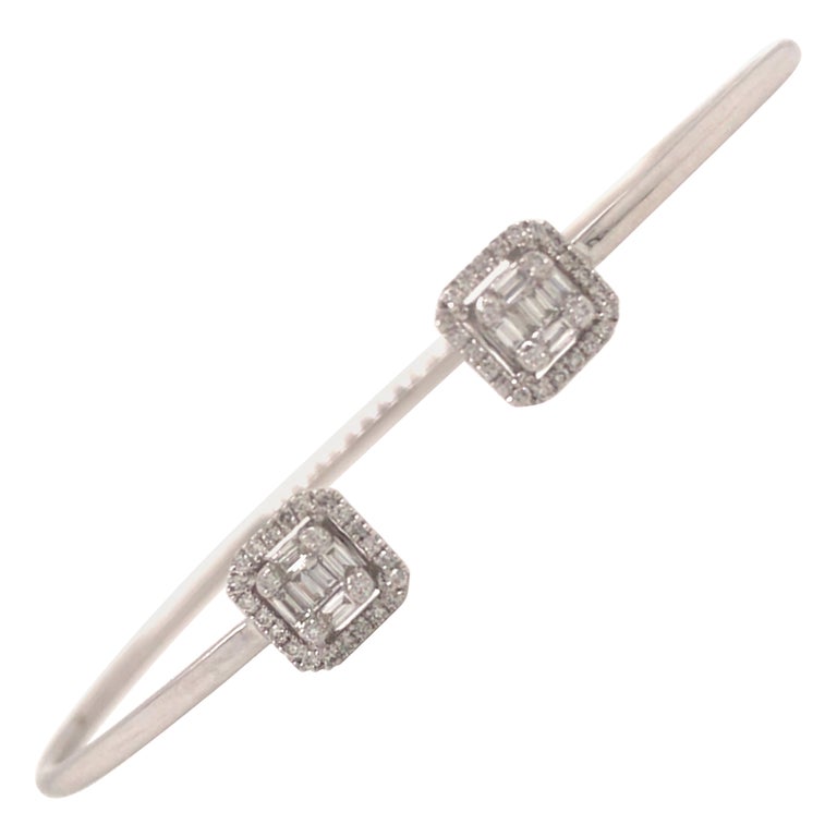 14K Diamond Cluster Open Bangle Bracelet White Gold For Sale at 1stDibs