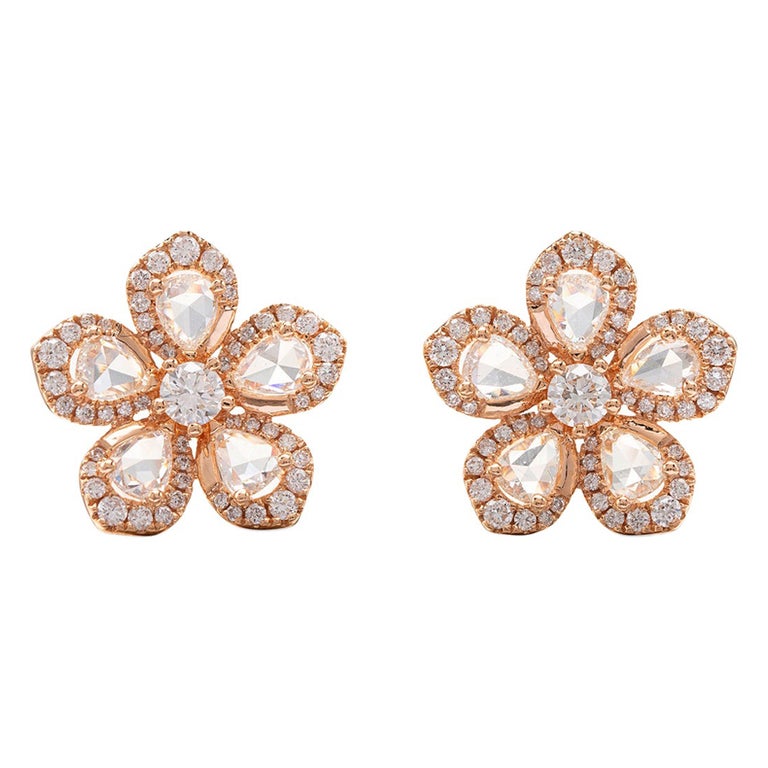 Diamond and Rose Gold Flower Earrings For Sale at 1stDibs