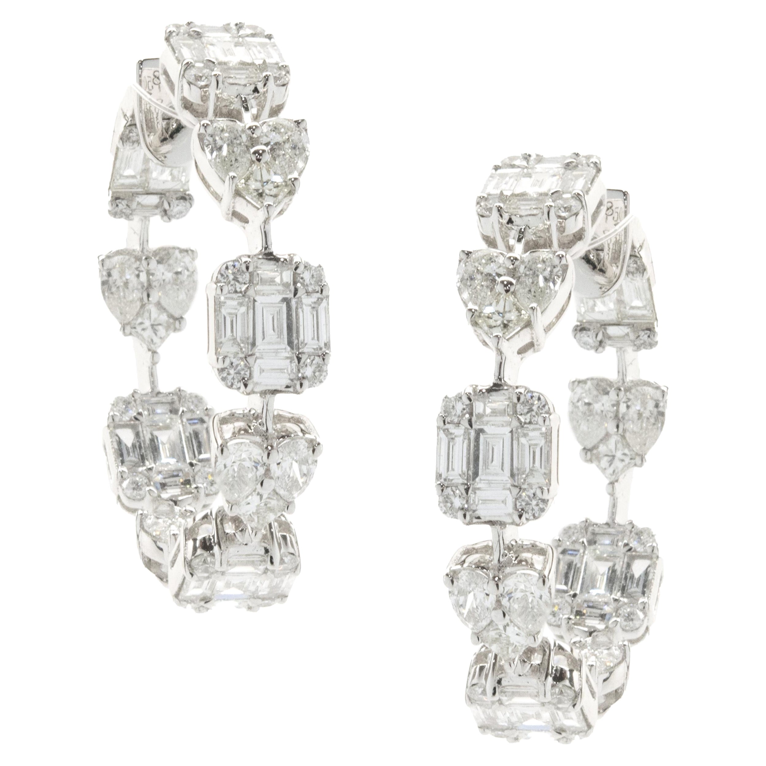18 Karat White Gold Multi Shape Mosaic Set Diamond Hoop Earrings at 1stDibs