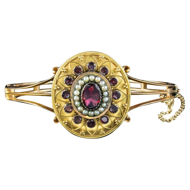Antique Victorian Etruscan Garnet Pearl Bangle 18ct Gold at 1stDibs