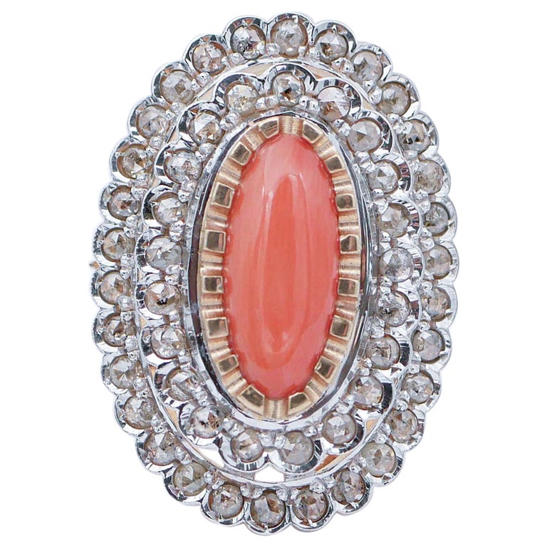 Coral, Diamonds, Rose Gold and Silver Ring For Sale at 1stDibs