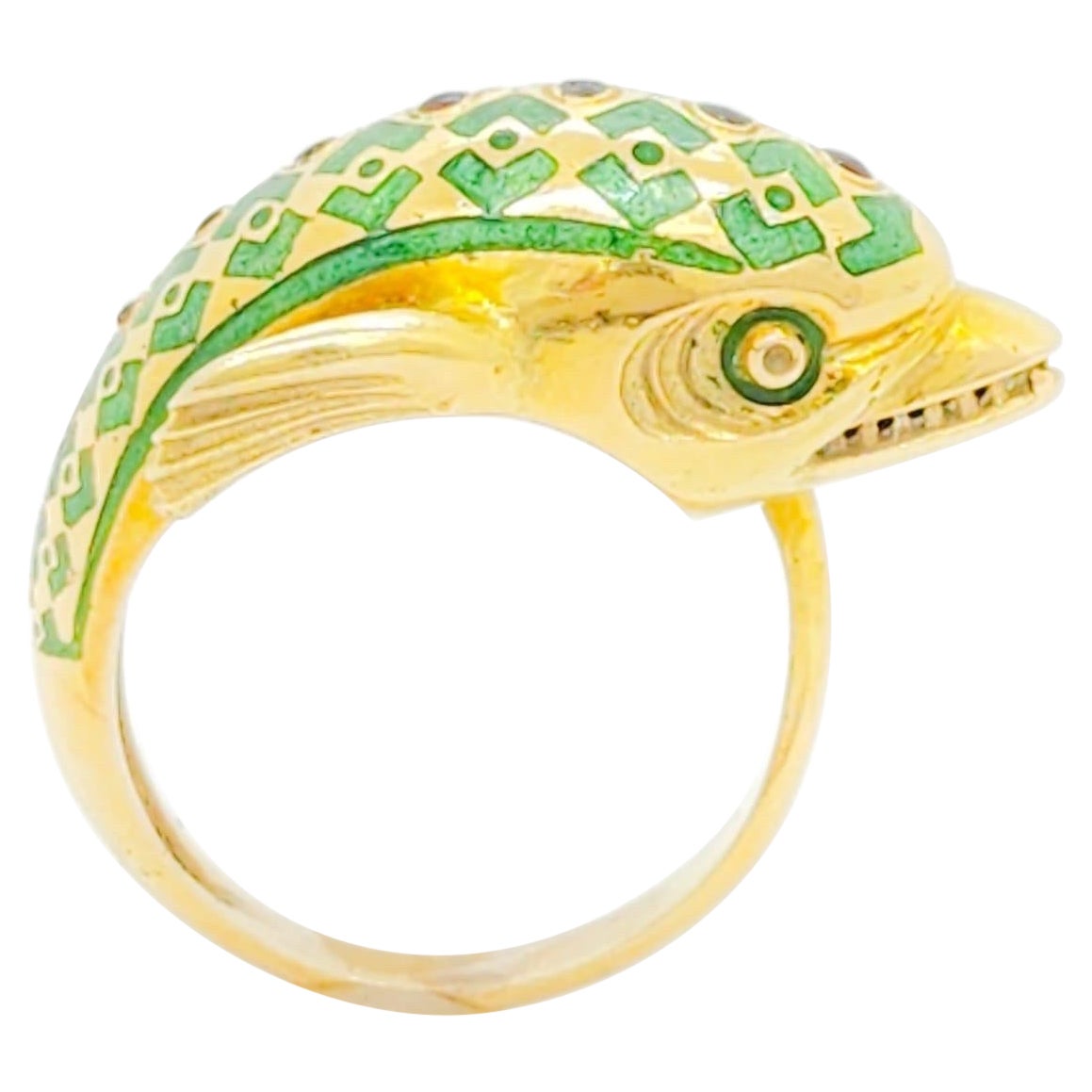 Estate Green Jade Enamel 10 Karat Yellow Gold Cocktail Ring For Sale at ...