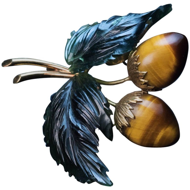 Tigers Eye Nephrite Jade Gold Berry Brooch at 1stDibs