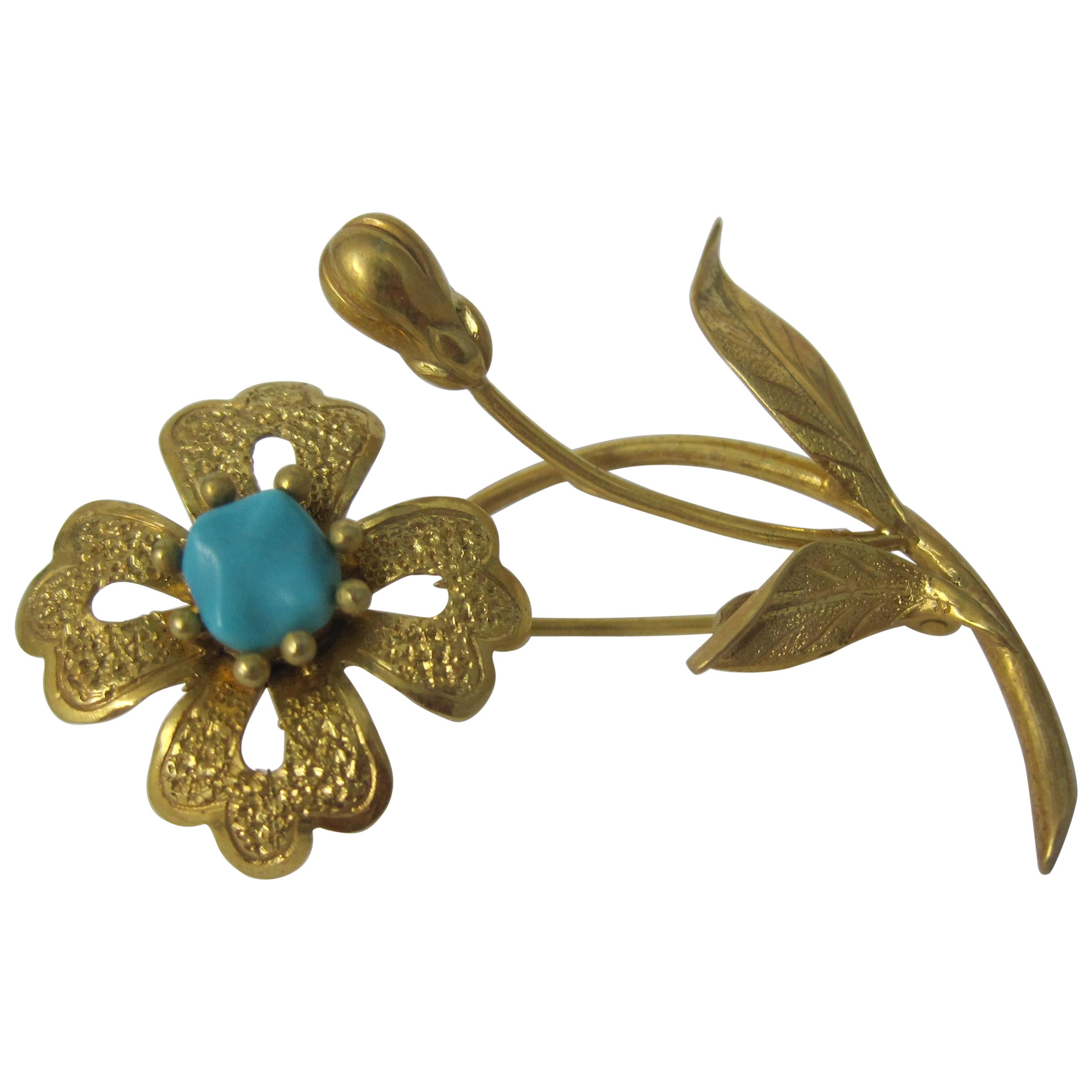 Turquoise Diamond Gold Flower Brooch at 1stDibs