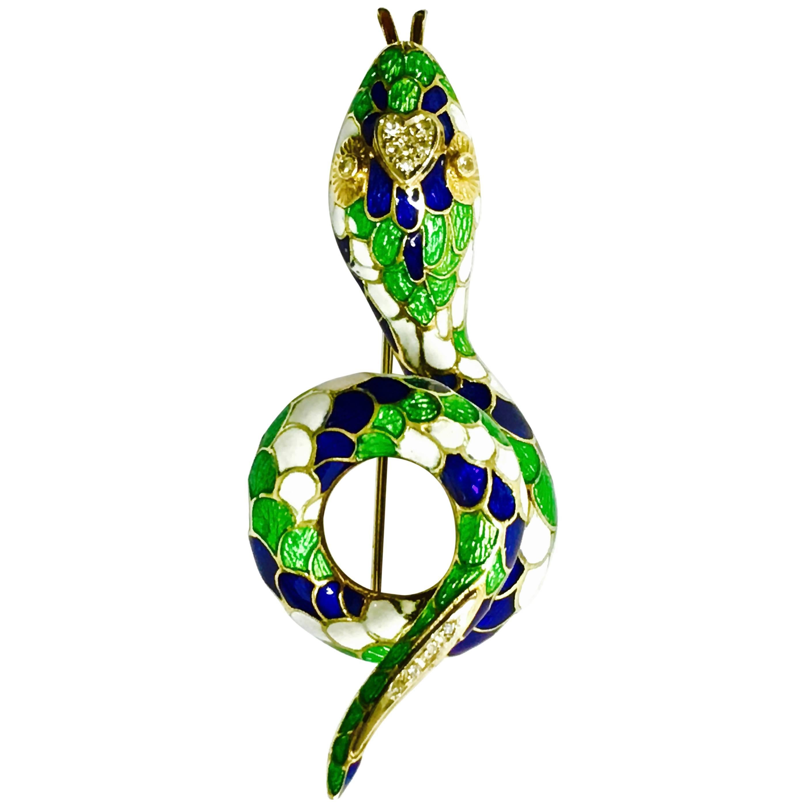 1950s Enamel Diamond Gold Coiled Snake Pin at 1stDibs