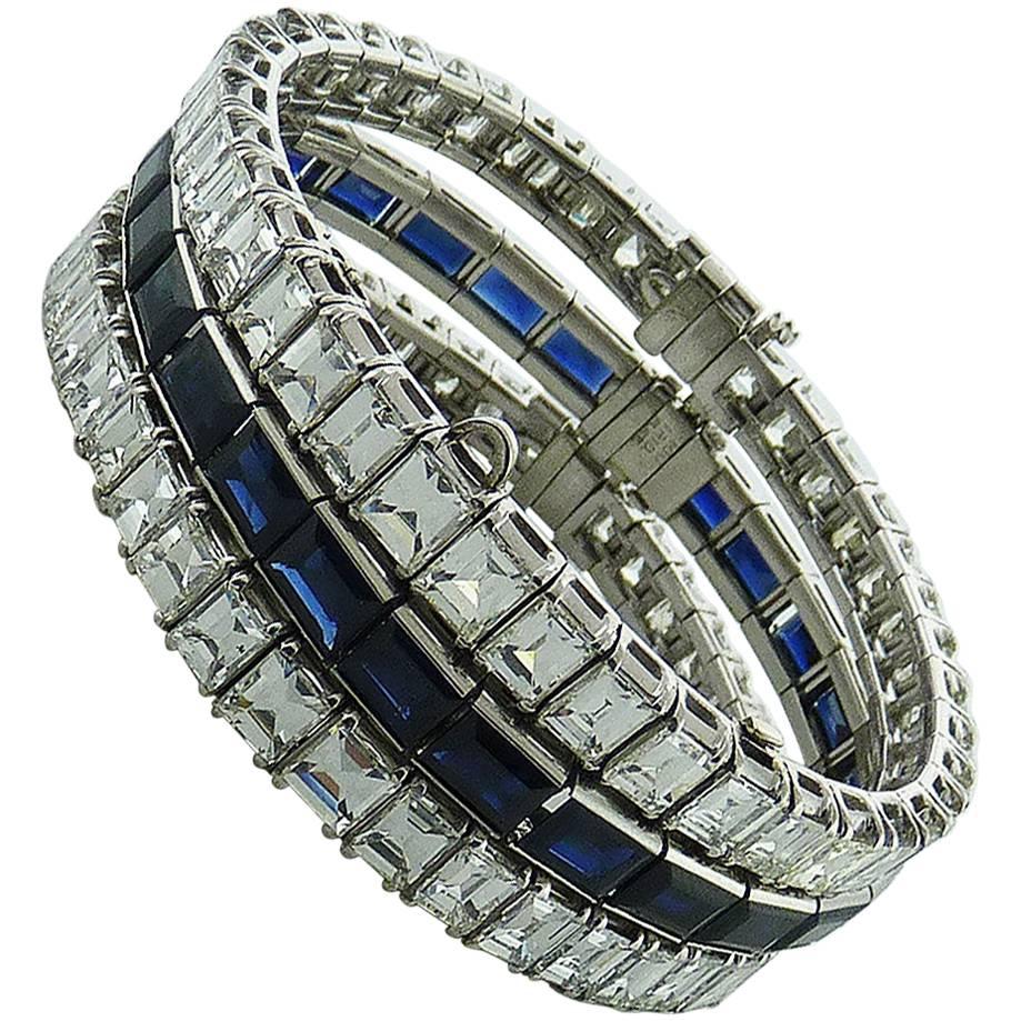 Platinum Sapphire Diamond Double Line Bracelet For Sale at 1stDibs