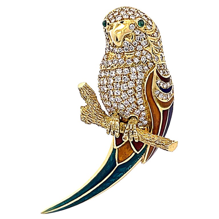 1.00ct Diamond Enamel Gold Bird Pin For Sale at 1stDibs