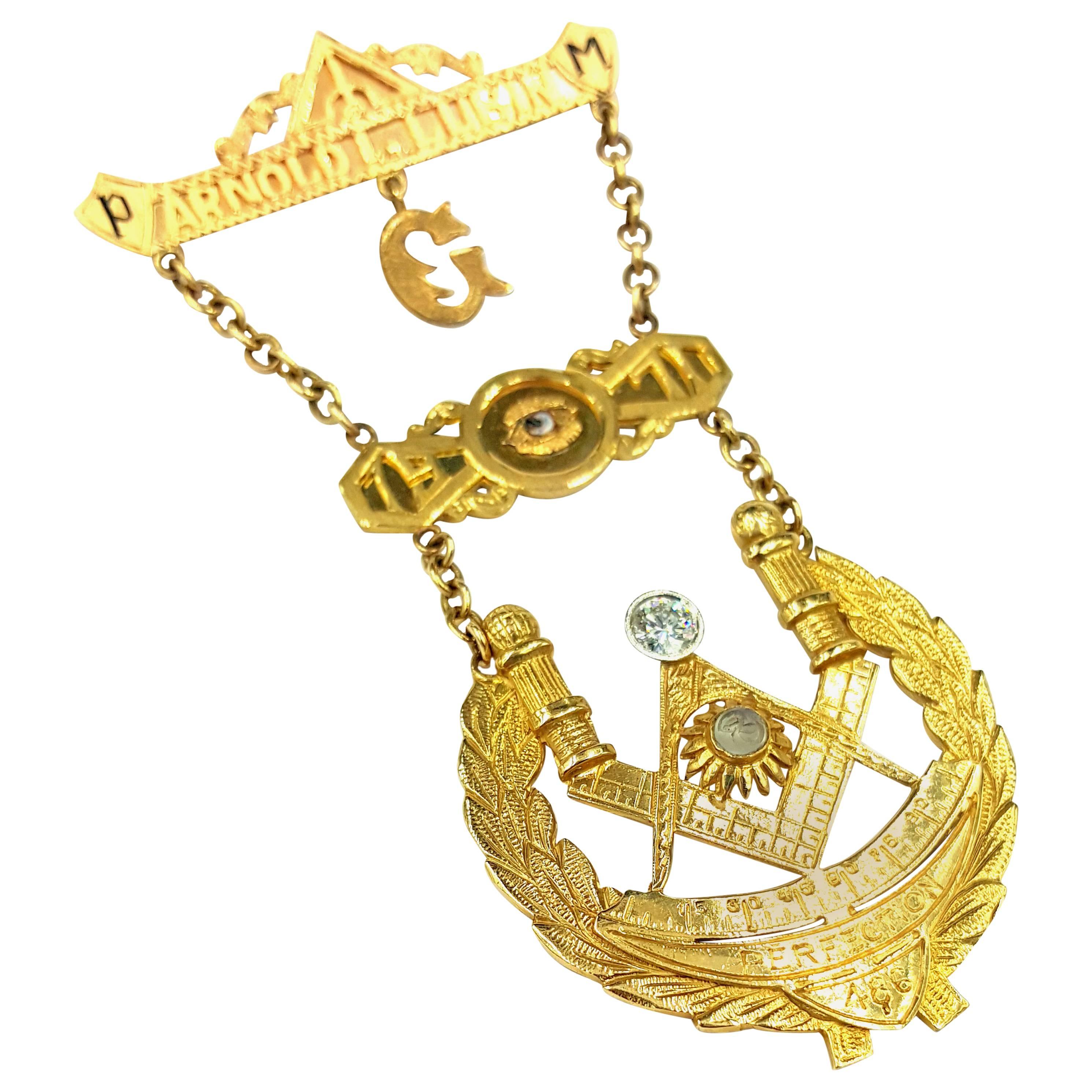 Freemasons Grand Master Enamel Moonstone Diamond Gold Pendant For Sale ...