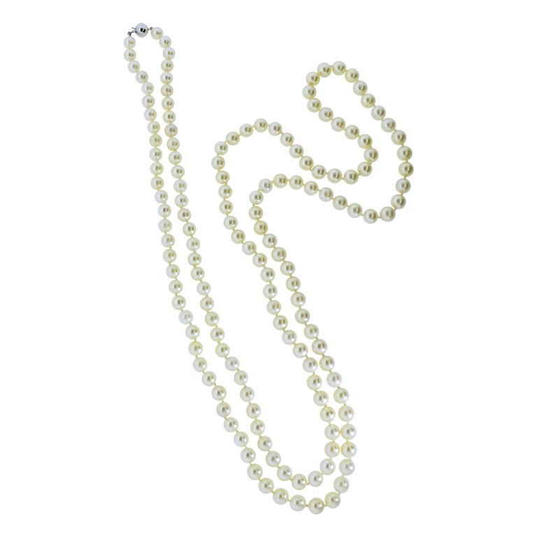 Cultured Pearl Long Fine Strand Completed with an 18K White Gold Clasp ...