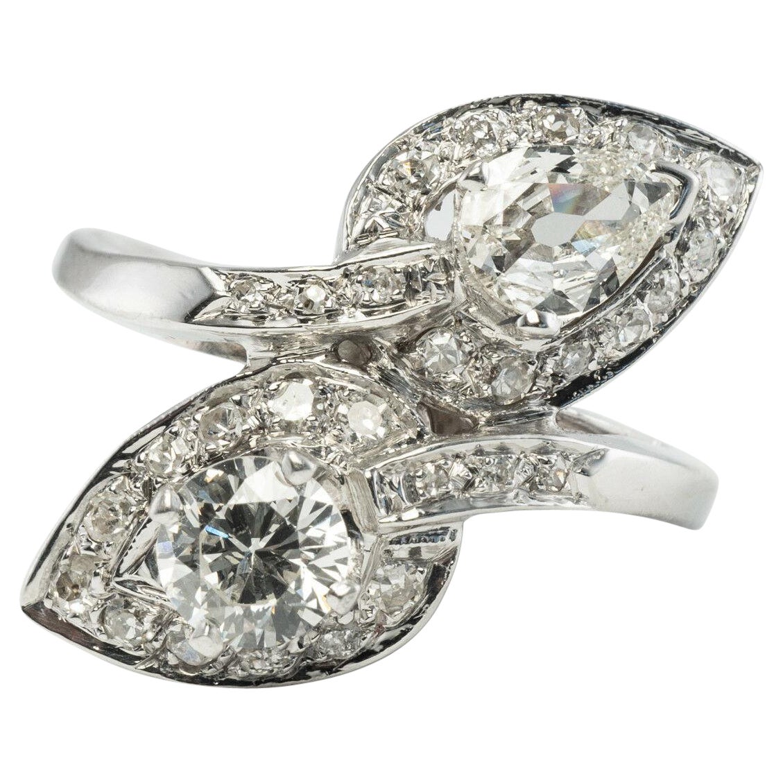 1940's Diamond 14 Karat White Gold Vintage Bypass Ring For Sale at 1stDibs