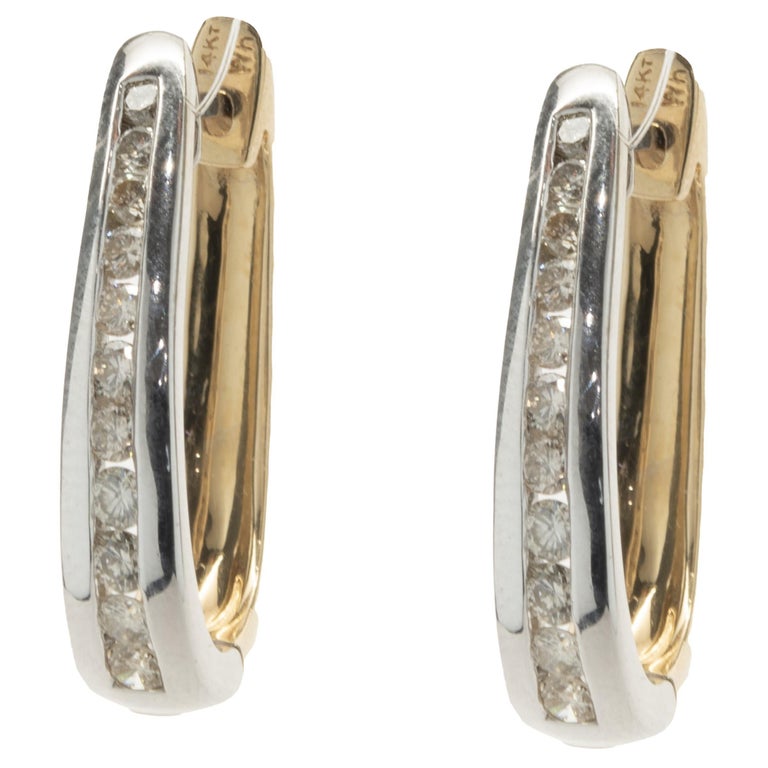 14 Karat Yellow and White Gold Channel Set Diamond Hoop Earrings For ...