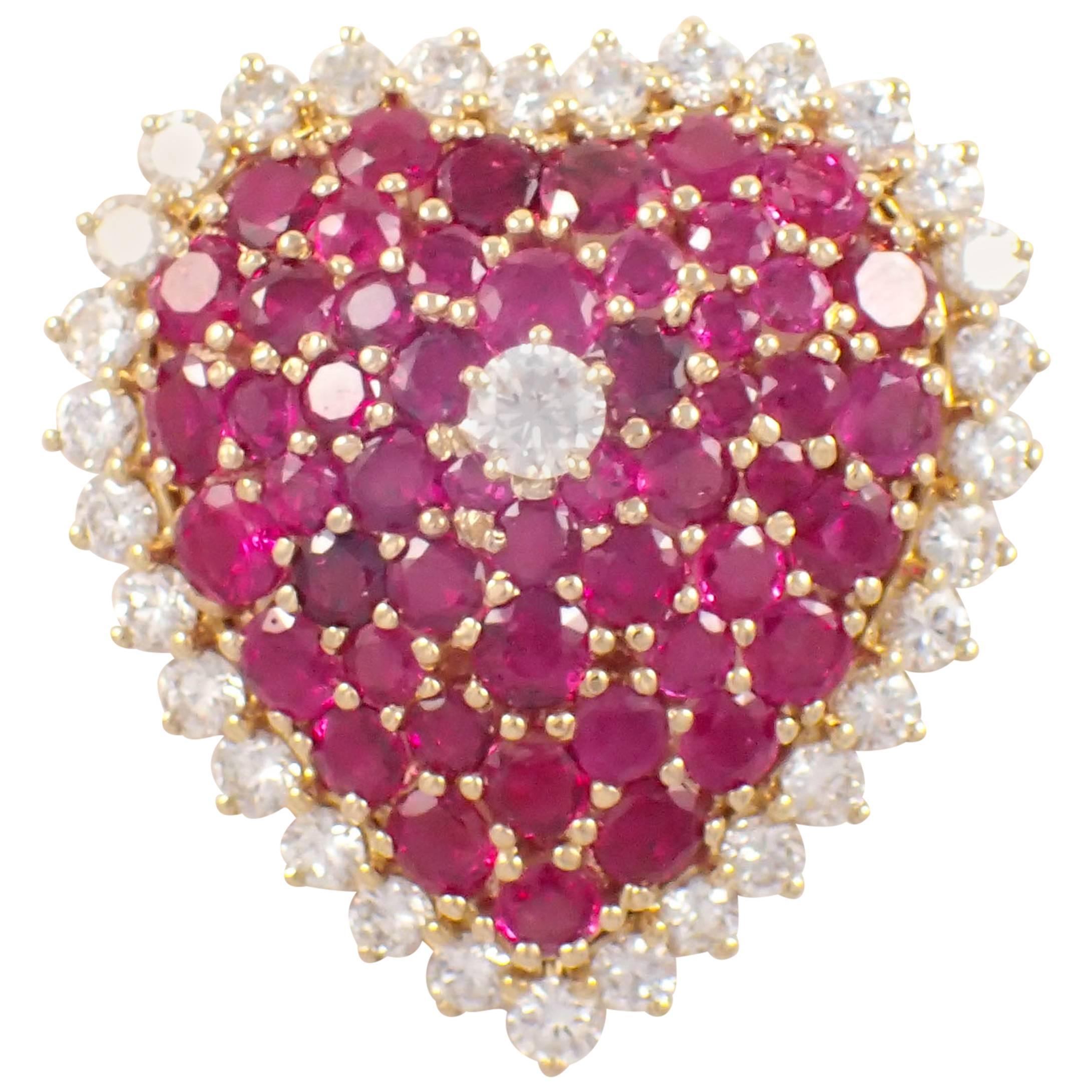 Ruby Diamond Gold Heart Brooch at 1stDibs