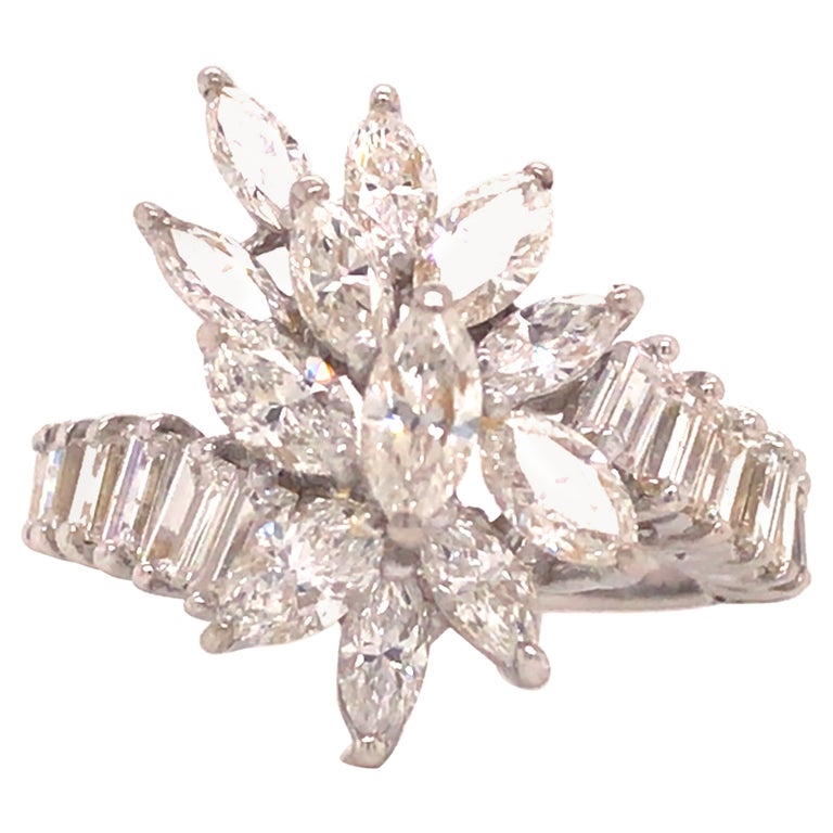 Platinum Vintage Marquise Baguette Diamond Cluster Ring For Sale at 1stDibs
