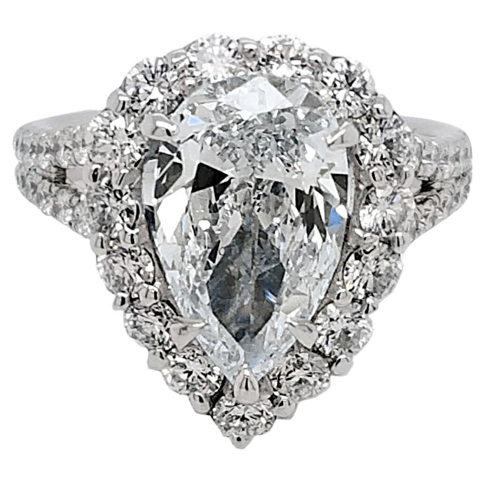 GIA Certified 4.03 Carat Pear Shape Diamond Halo Split Shank Engagement ...