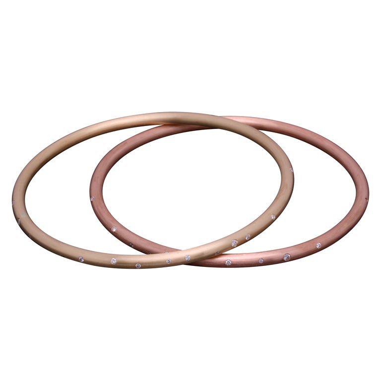 Flush Set Diamond, 14k Gold Solid Bangle Bracelet For Sale at 1stDibs