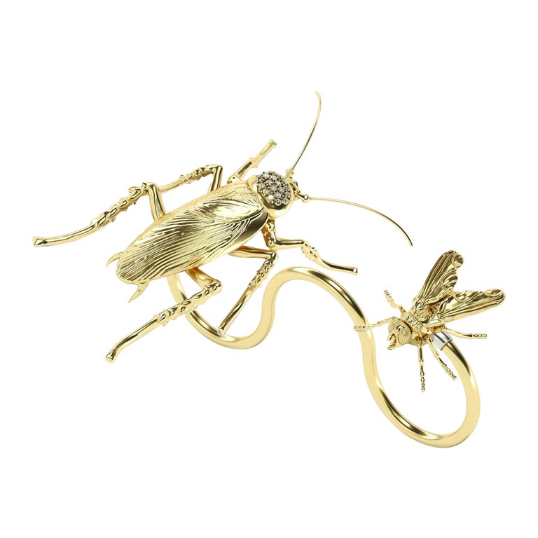 Three-Finger Cocktail Ring with Cockroach Diamonds and Fly, 18K Yellow ...