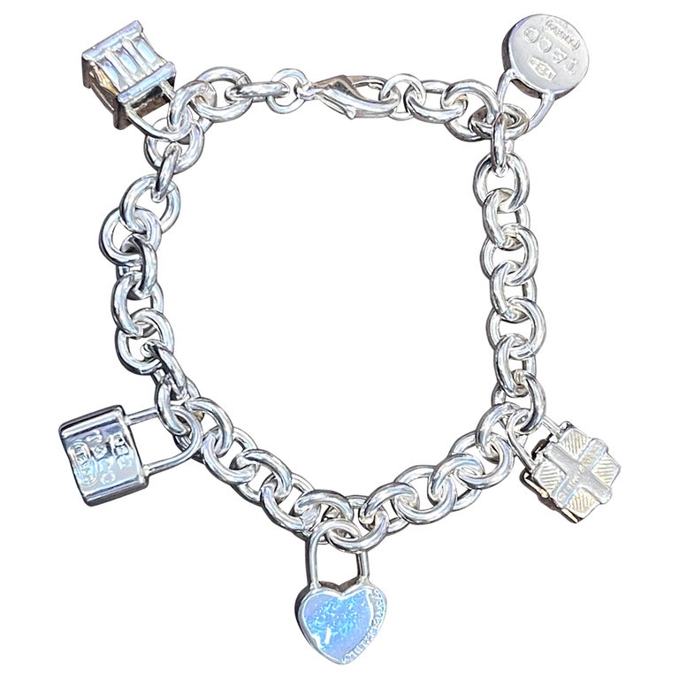Tiffany and Co. Sterling Silver Heart Tag Lock and Bag Charm Bracelet ...