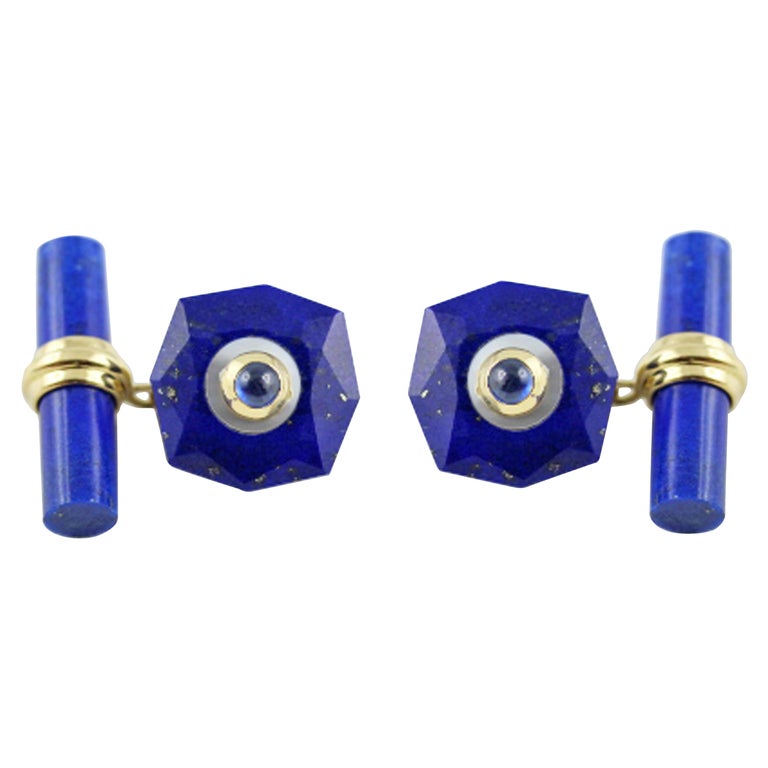 18 Karat Yellow Gold Lapis Lazuli Mother of Pearl Blue Sapphires Bars ...